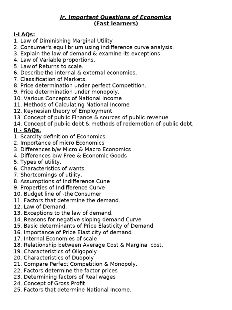 Jr Important Questions for Economics Fast Learner | PDF | Demand ...