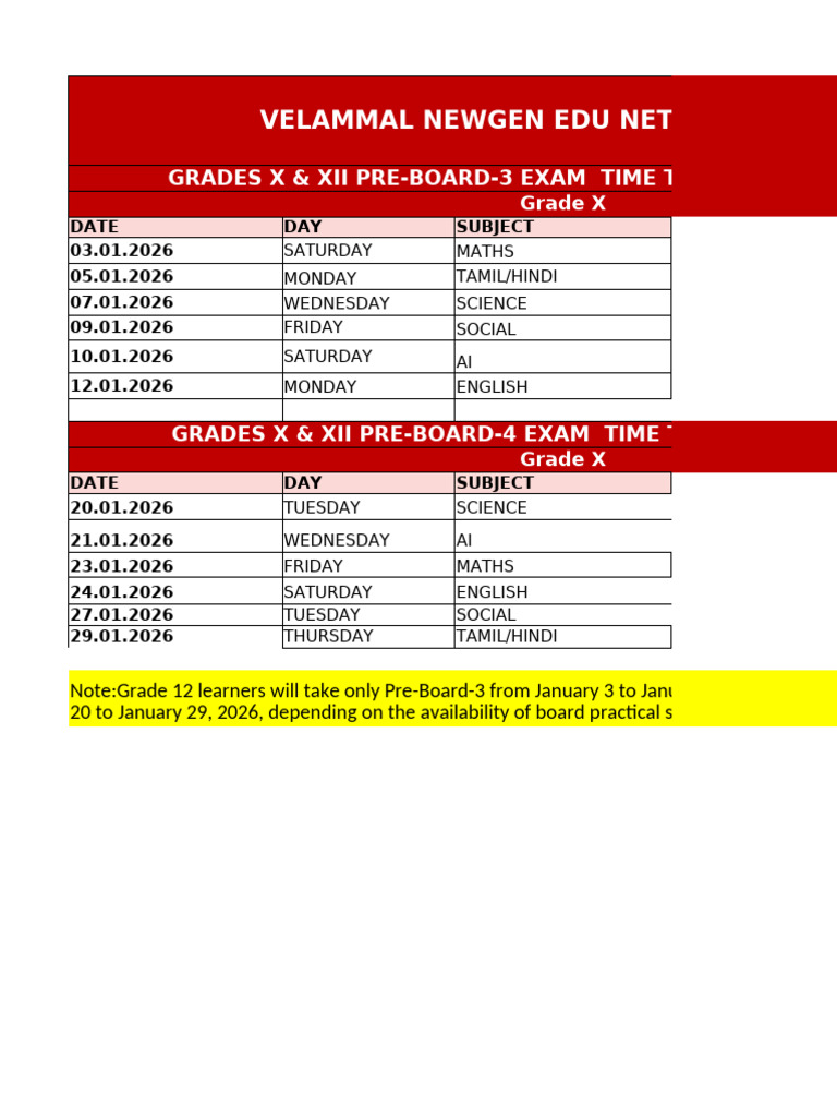 Velammal Newgen Pre-Board Exam Timetable | PDF