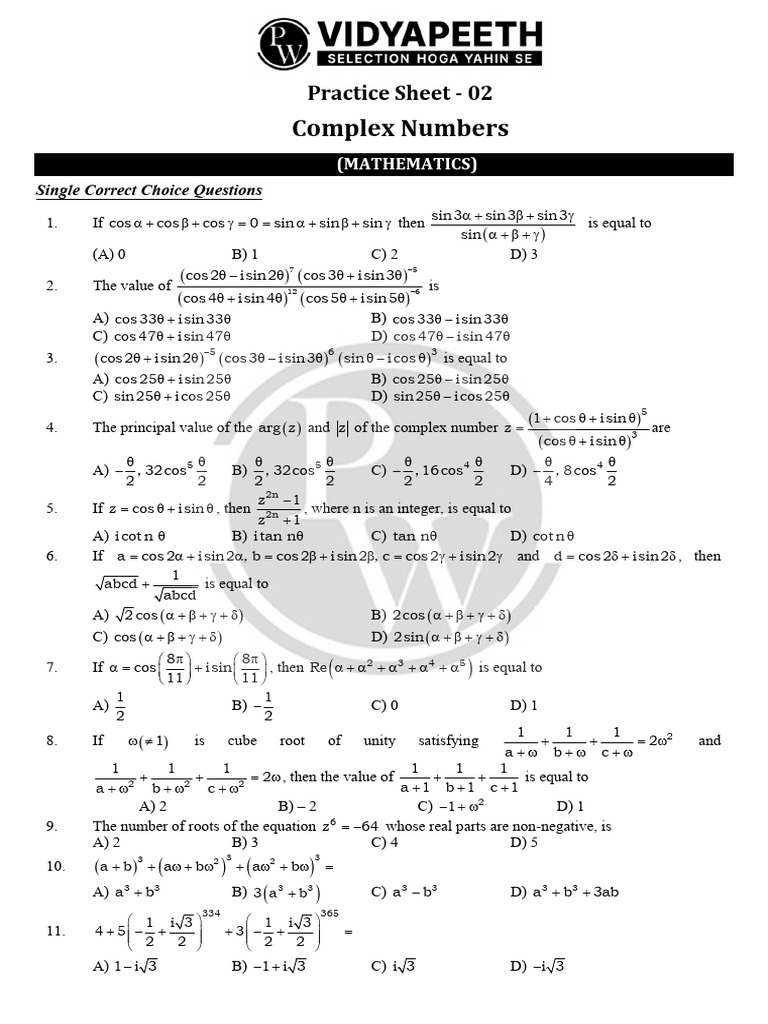 Practice Sheet.02 Complex Numbers Maths Amit Jain Sir 04.06.2020 | PDF ...