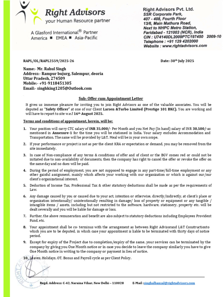 Appointment Letter for Safety Officer | PDF | Taxes | Government Finances