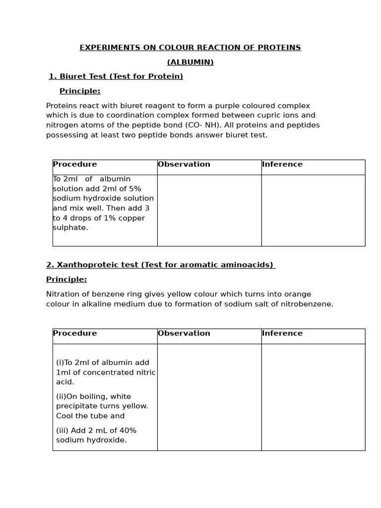 Protein Color Reaction Experiments | PDF | Atoms | Molecules