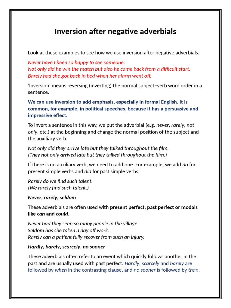 Inversion with Negative Adverbials | PDF
