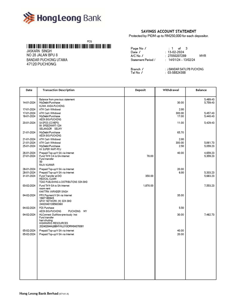 HLB Receipt -2024-02-28 | PDF | Banks | Money