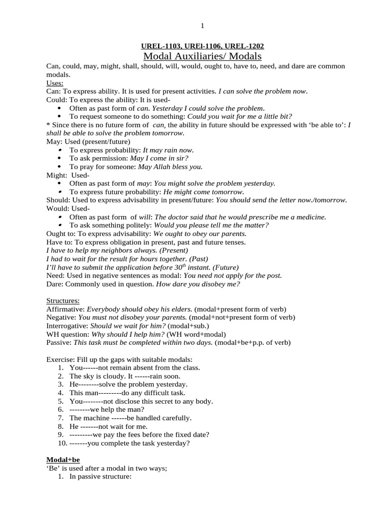 Modal Auxiliaries 1 | PDF | Language Mechanics | Syntax