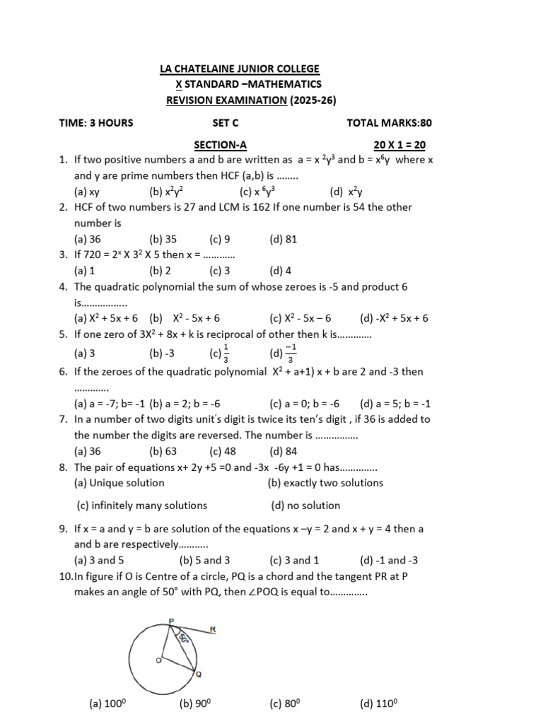 Mathematics Revision Exam for X Standard | PDF | Circle | Geometric Shapes