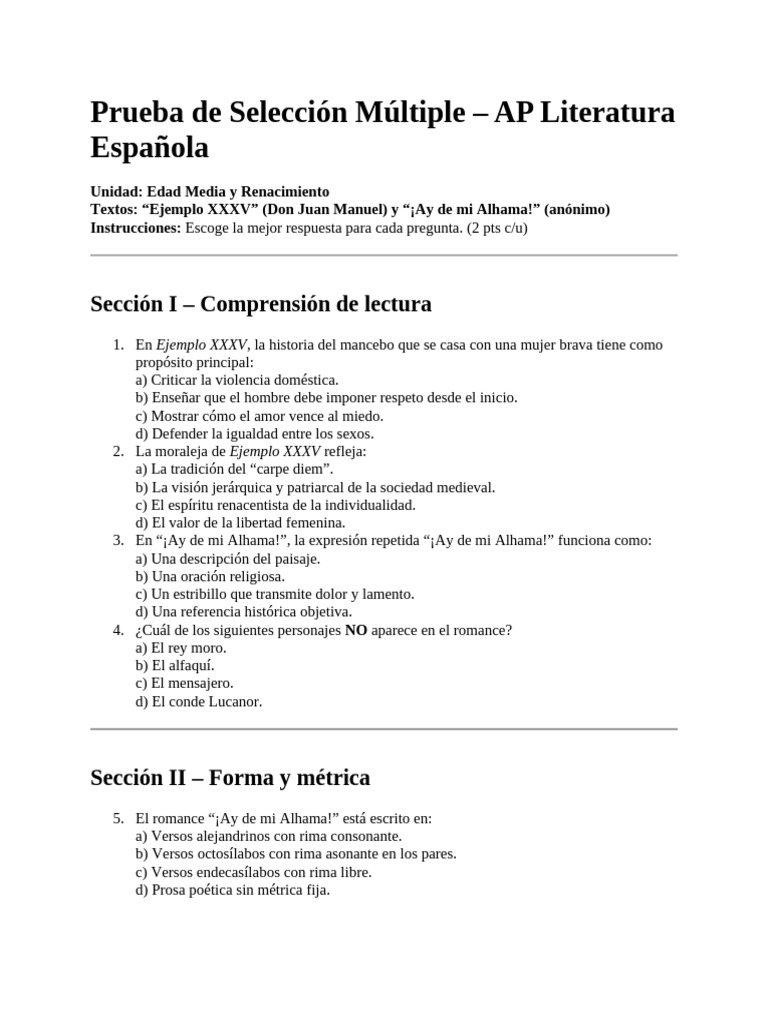 Prueba de Selección: Literatura Medieval y Renacentista | PDF | Metro ...