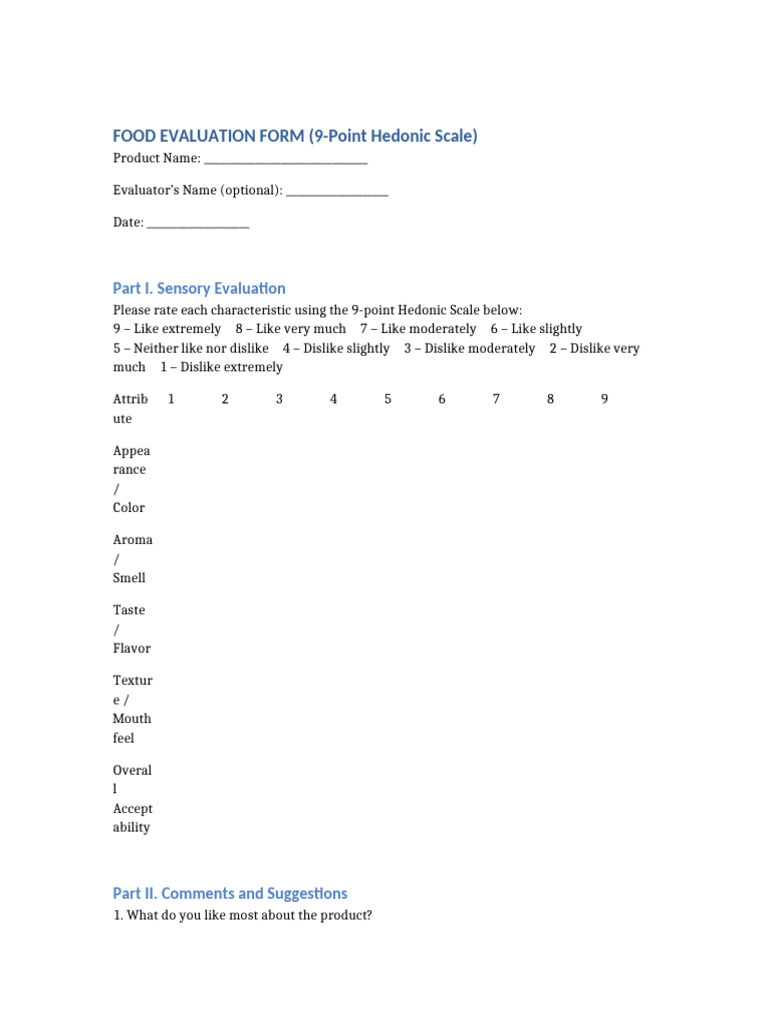 Food Evaluation Form Template | PDF