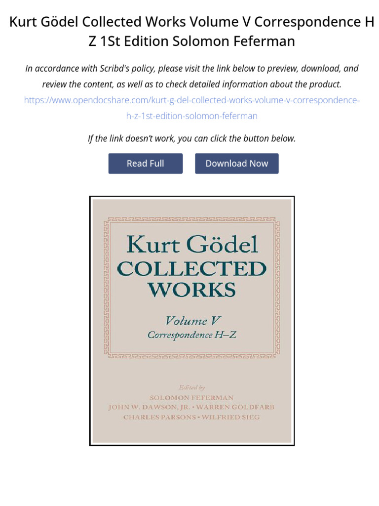 Kurt Gödel Collected Works Volume V Correspondence H Z 1st Edition ...
