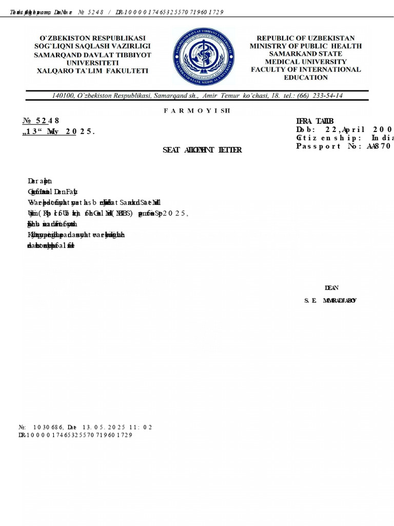 Medical Seat Confirmation for MBBS 2025 | PDF