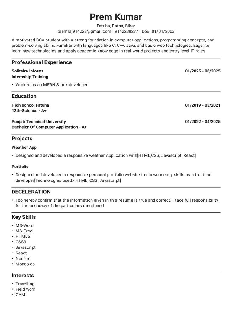 BCA Student Resume: MERN Stack Developer | PDF