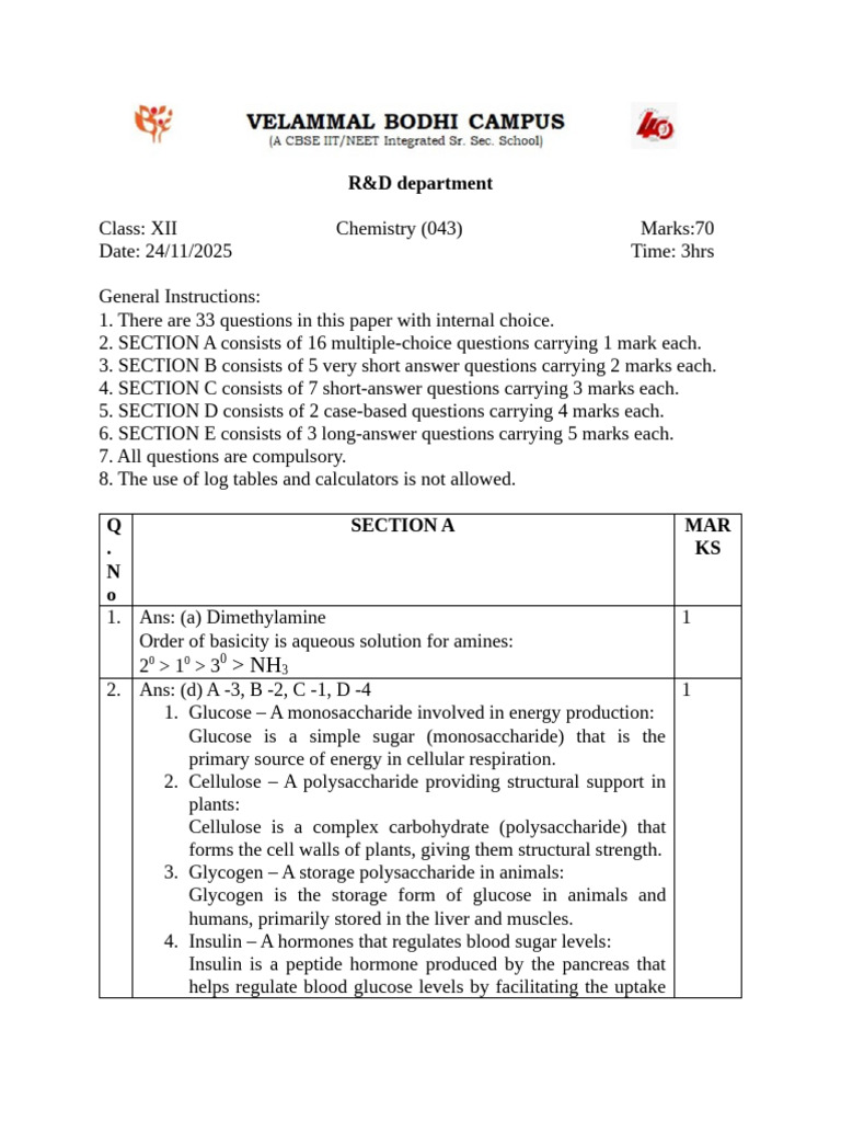 Class XII Chemistry Exam Paper Overview | PDF | Amine | Glucose