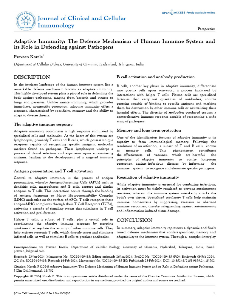Adaptive Immunity the Defence Mechanism of Human Immune System and Its ...