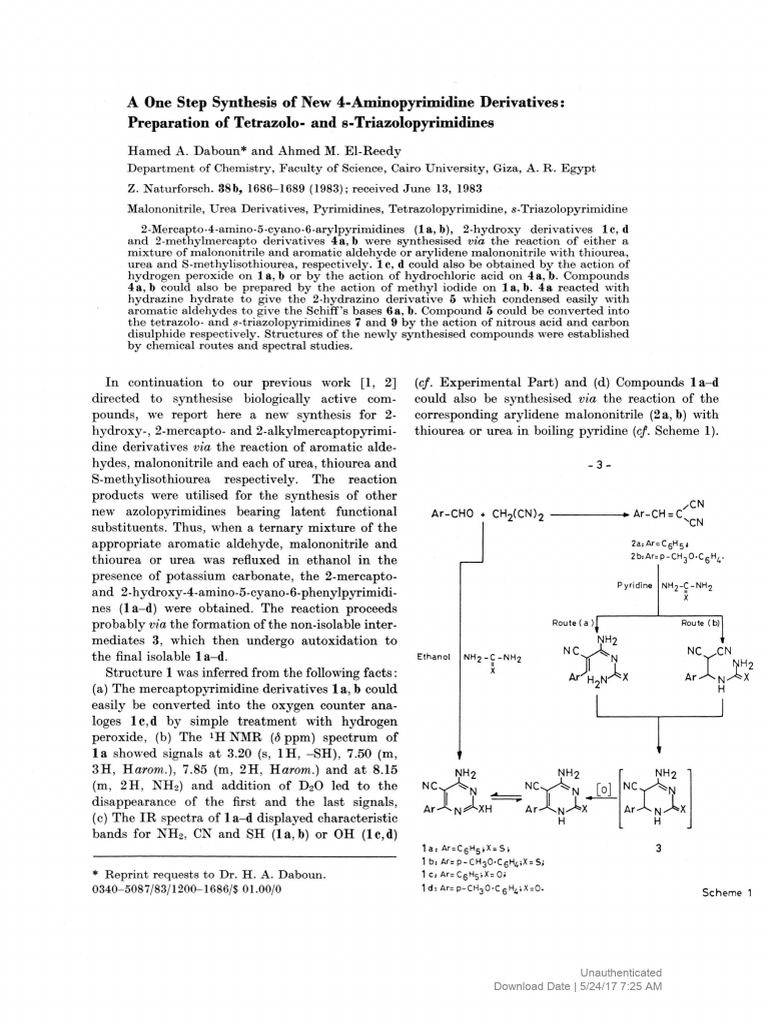 [Zeitschrift Fr Naturforschung B] a One Step Synthesis of New 4 ...