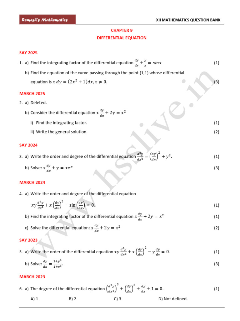 Hsslive Xii Ch9 Differential Equations | PDF | Differential Calculus ...