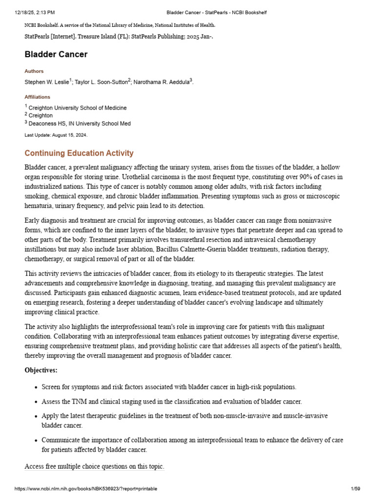 Bladder Cancer - StatPearls - NCBI Bookshelf | PDF | Cancer | Carcinoma