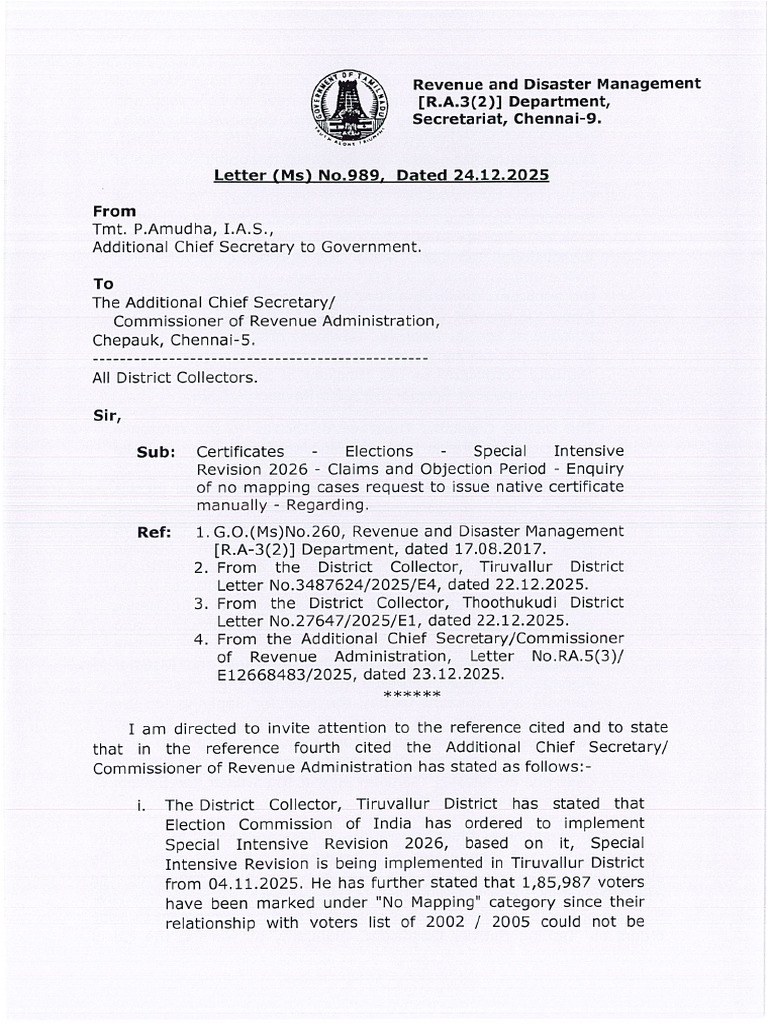 Letter (MS) No.989, Revenue and Disaster Management (RA3 (2) Dept ...