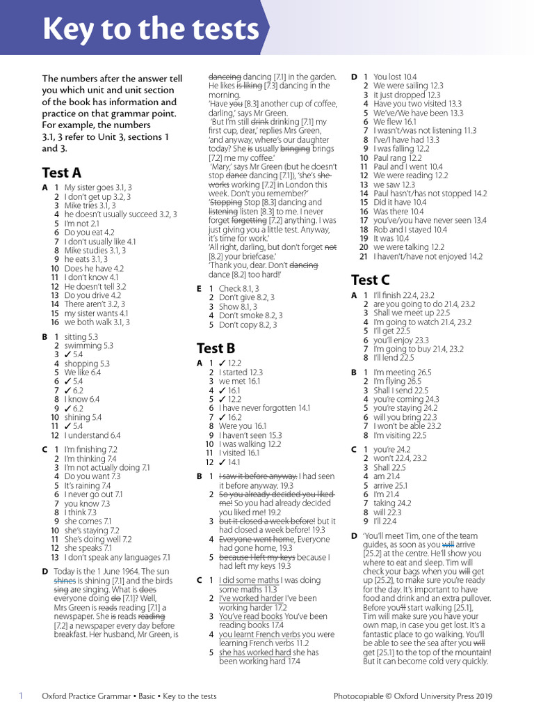 TNE Oxford Practice Grammar Basic Tests Key | PDF | Semantics | Grammar