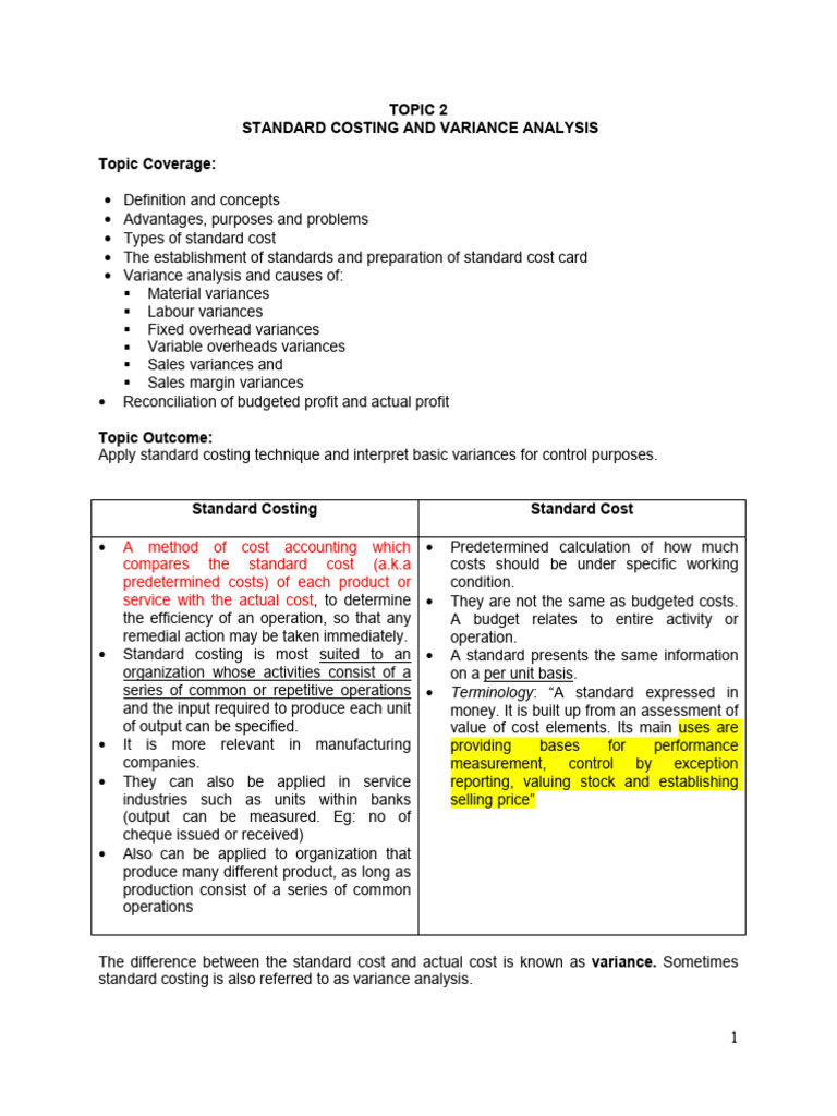 Standard Costing & Variance Analysis Guide | PDF | Labour Economics ...