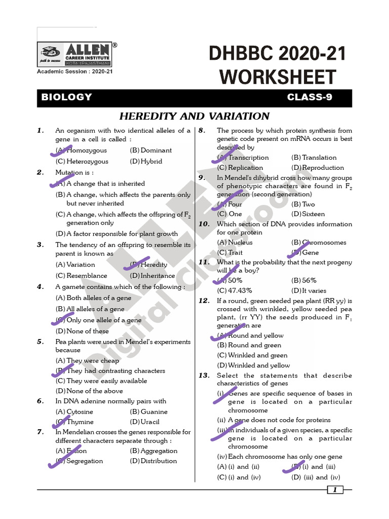 Class 9 Biology: Heredity & Variation Quiz | PDF | Dominance (Genetics ...