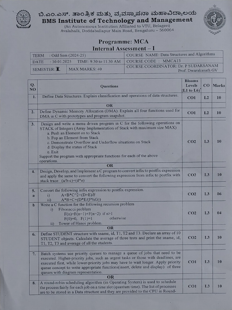 1st Sem, IA -1 QP (1) | PDF | Method (Computer Programming) | Databases