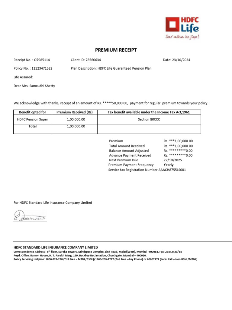 Premium Payment Receipt | PDF