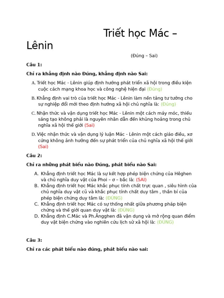 Triết Học Mác Lênin (Đúng Sai) | PDF