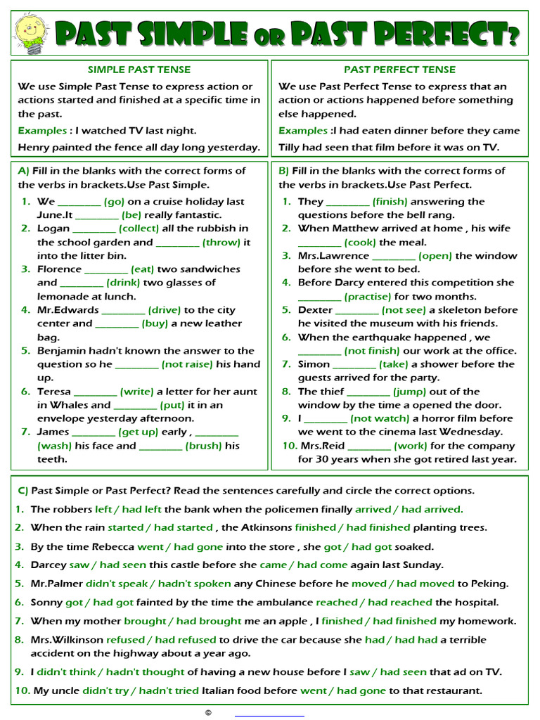 Simple Past or Past Perfect Tense Grammar Exercises Worksheet | PDF ...