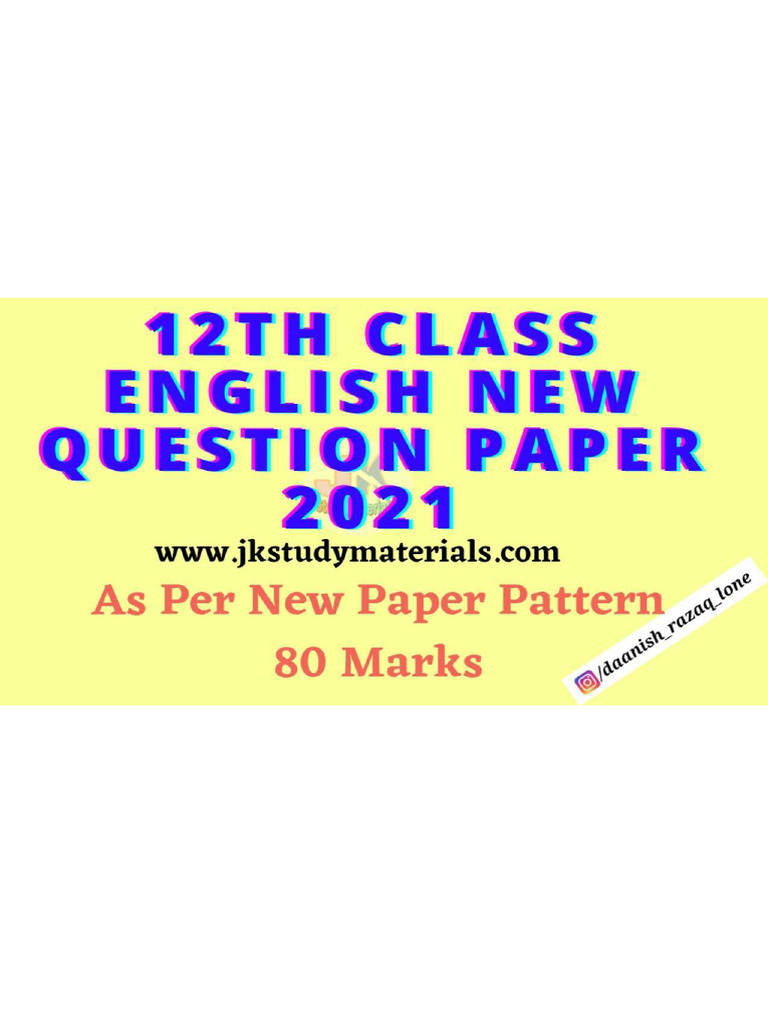 12th English Question Paper 2021 JK Study Materials | PDF