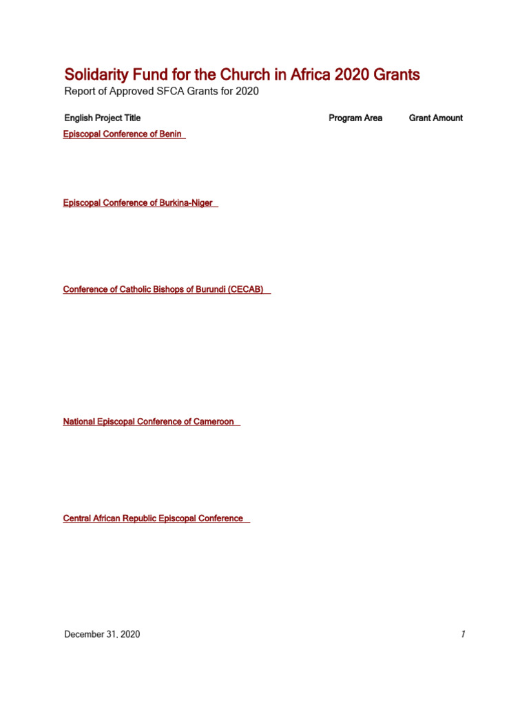 2020 Approved Projects Sfca | PDF | Diocese | Bishop