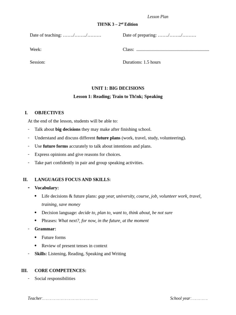 Lesson plan think 3 Unit 1 | PDF