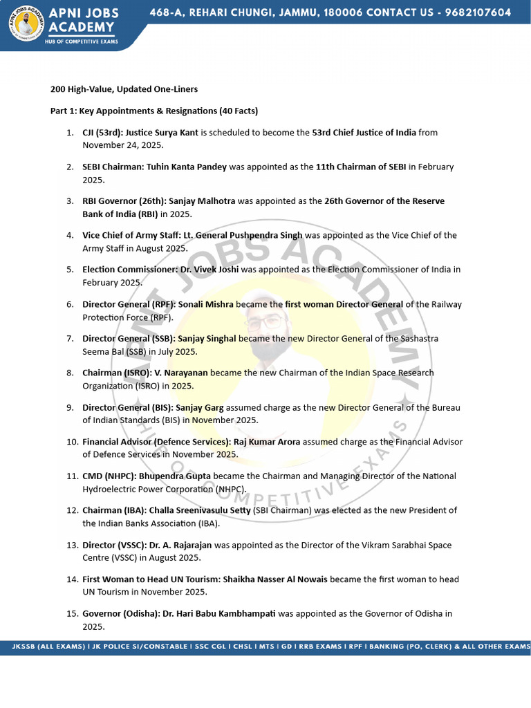 600 Gs One Liners Apni Jobs Academy_ (1) | PDF | Reserve Bank Of India ...