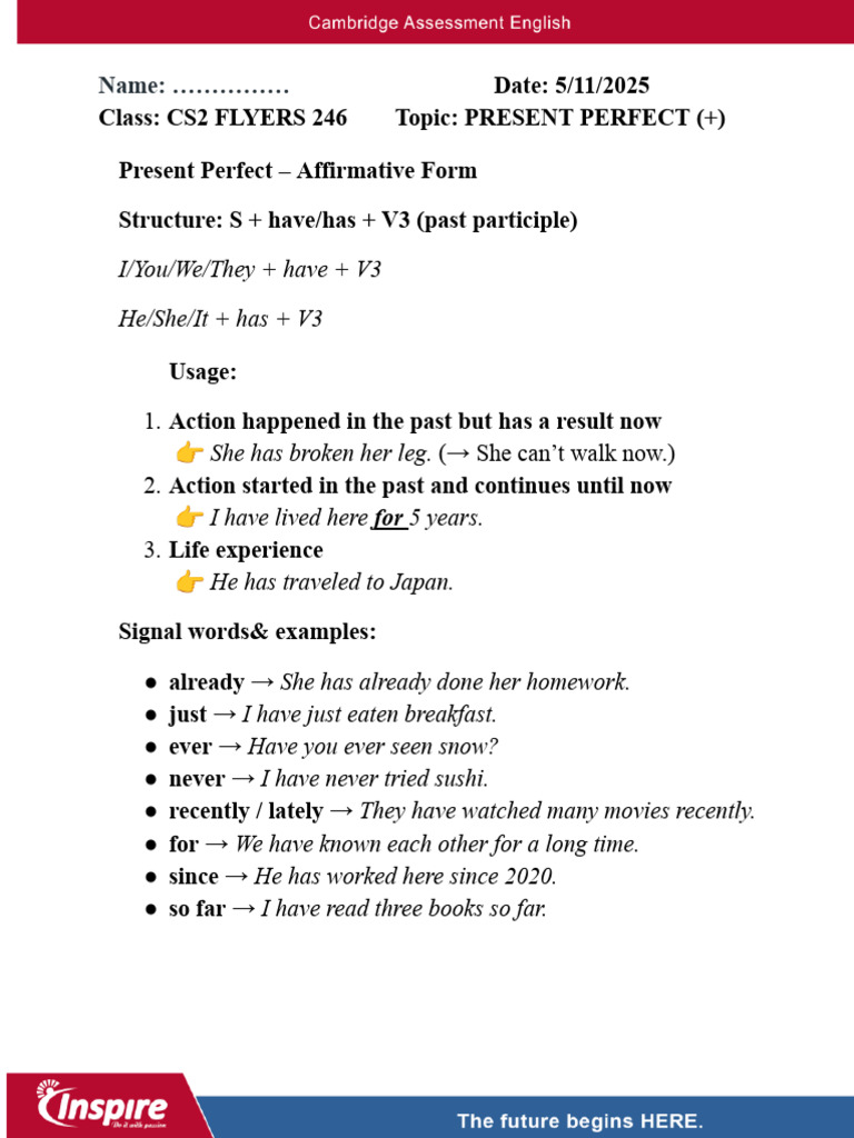 5.11 FLYERS Handout Present Perfect | PDF