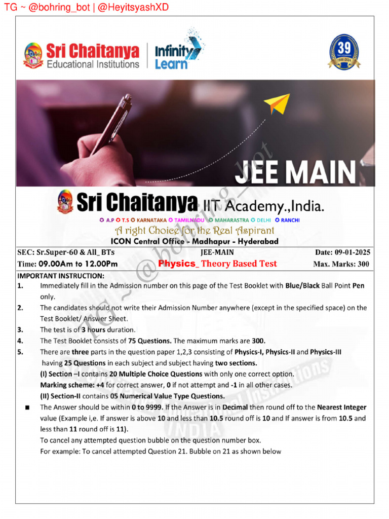 09-01-2025-Sr-SUPER 60 BTs Jee Main PHYSICS Theory Based Paper | PDF