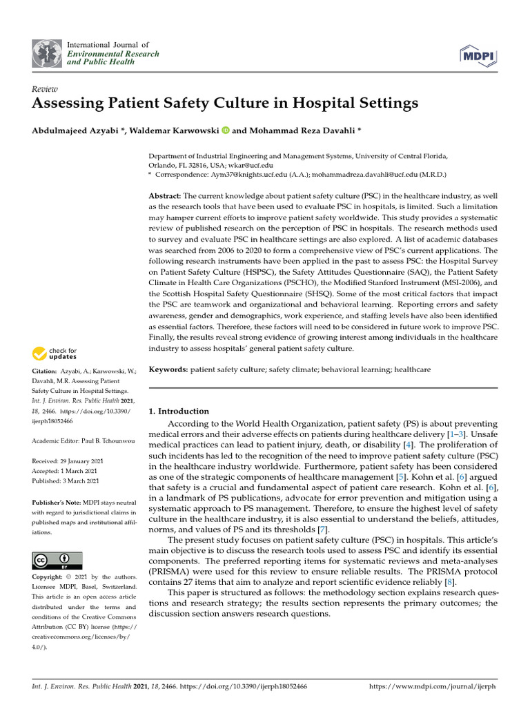 Assessing Patient Safety Culture in Hospital Settings | PDF | Patient ...