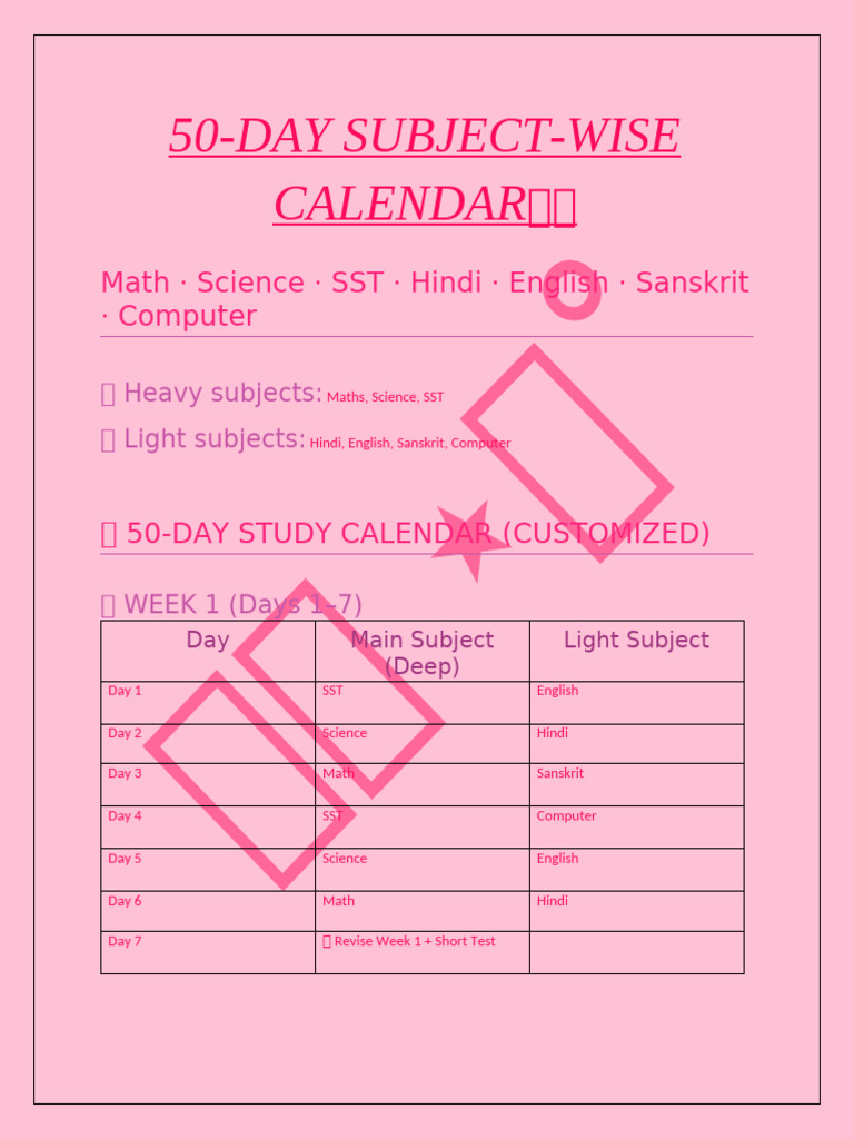 50-Day Subject-Wise Calendar | PDF | Science | Linguistics