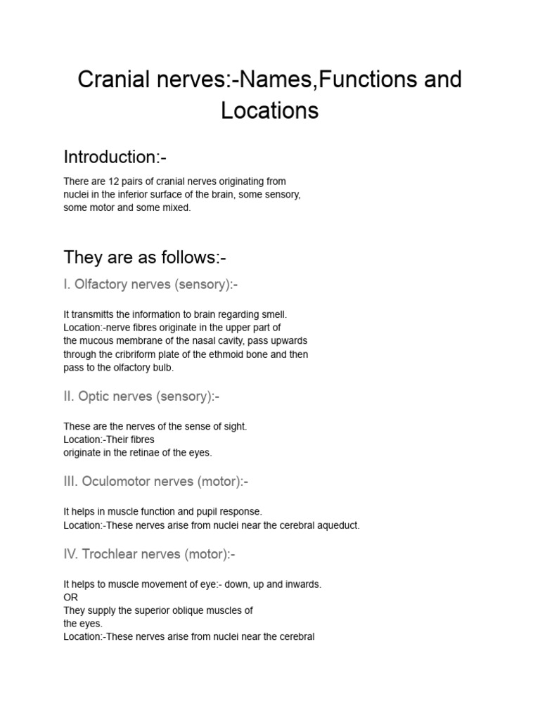 Cranial nerves--Names,Functions and Locations | PDF | Human Head And ...