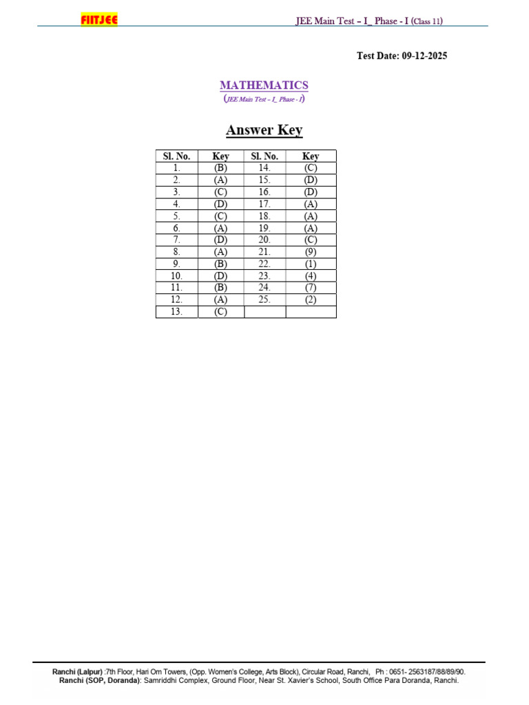 JEE Main Test-1 Phase-1 Answer Key Math | PDF