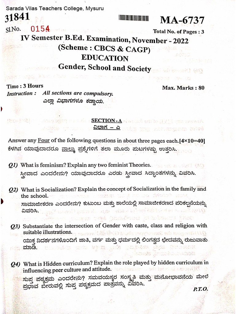 IV Sem 2022 B.ed QP | PDF