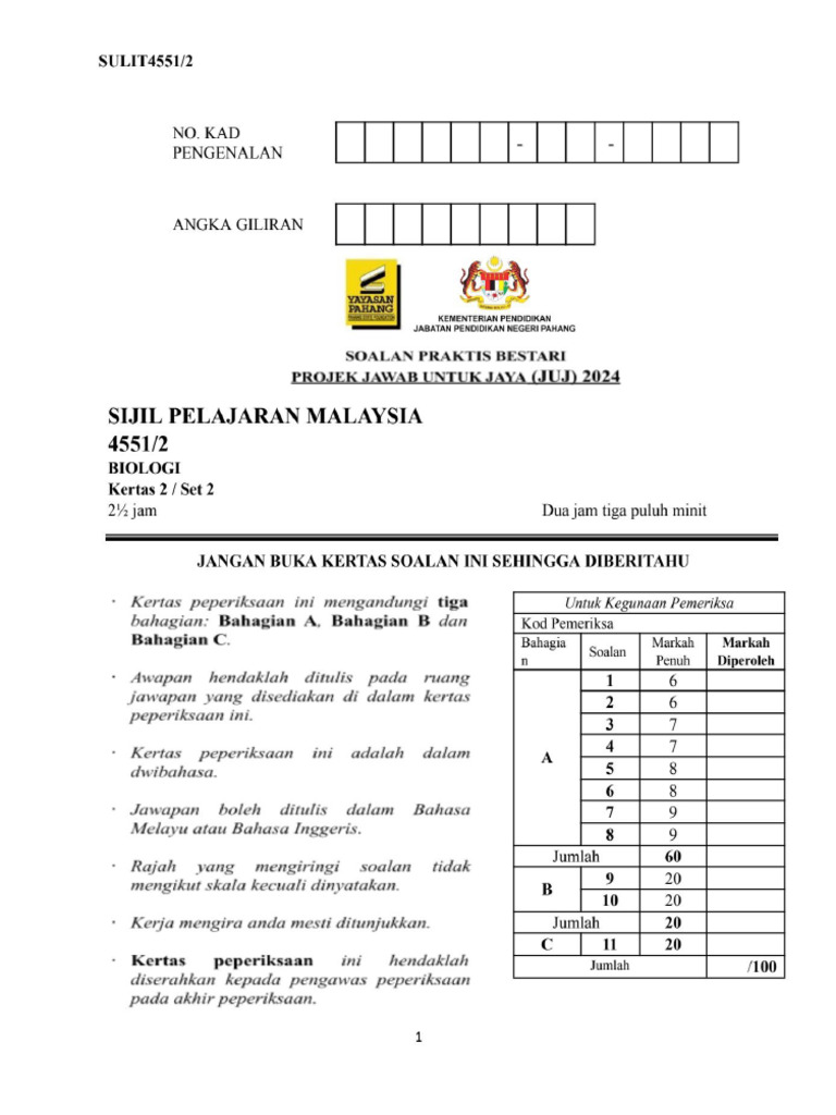 JUJ 2024 - BIO2 SET 2 | PDF