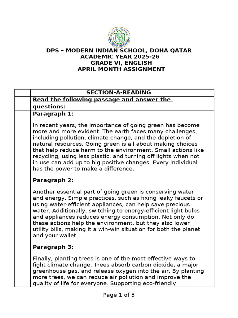 Grade VI English Assignment: Going Green | PDF | Climate Change ...