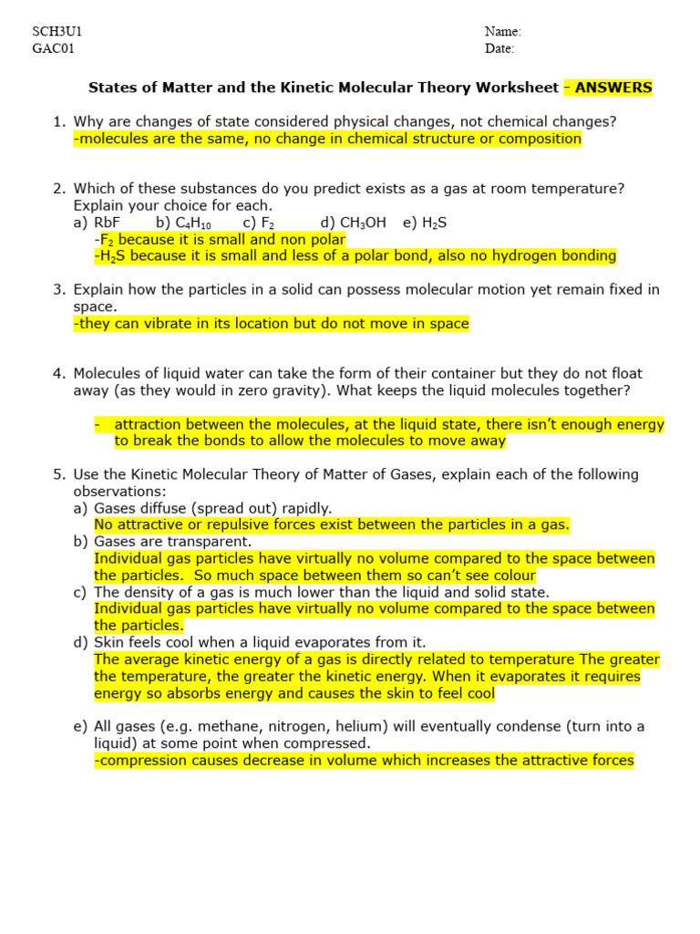 States of Matter and the Kinetic Molecular Theory Worksheet | PDF ...