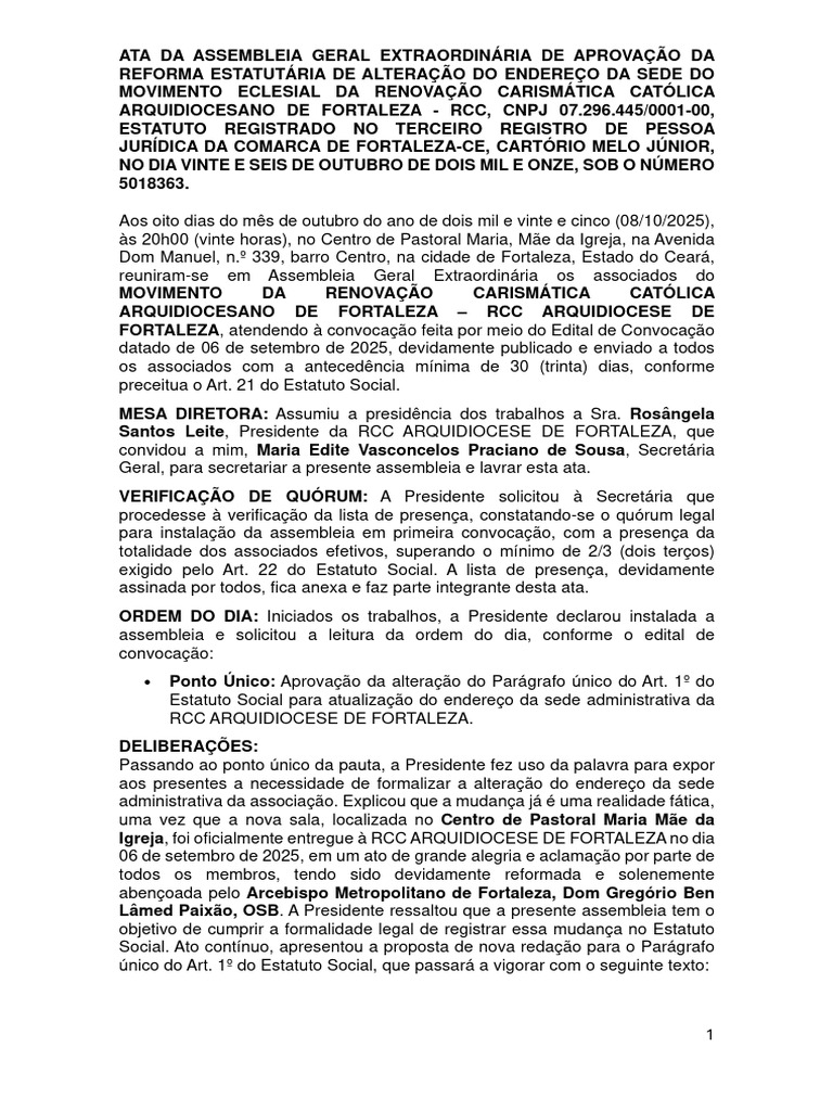 Assembleia aprova mudança de sede da RCC | PDF