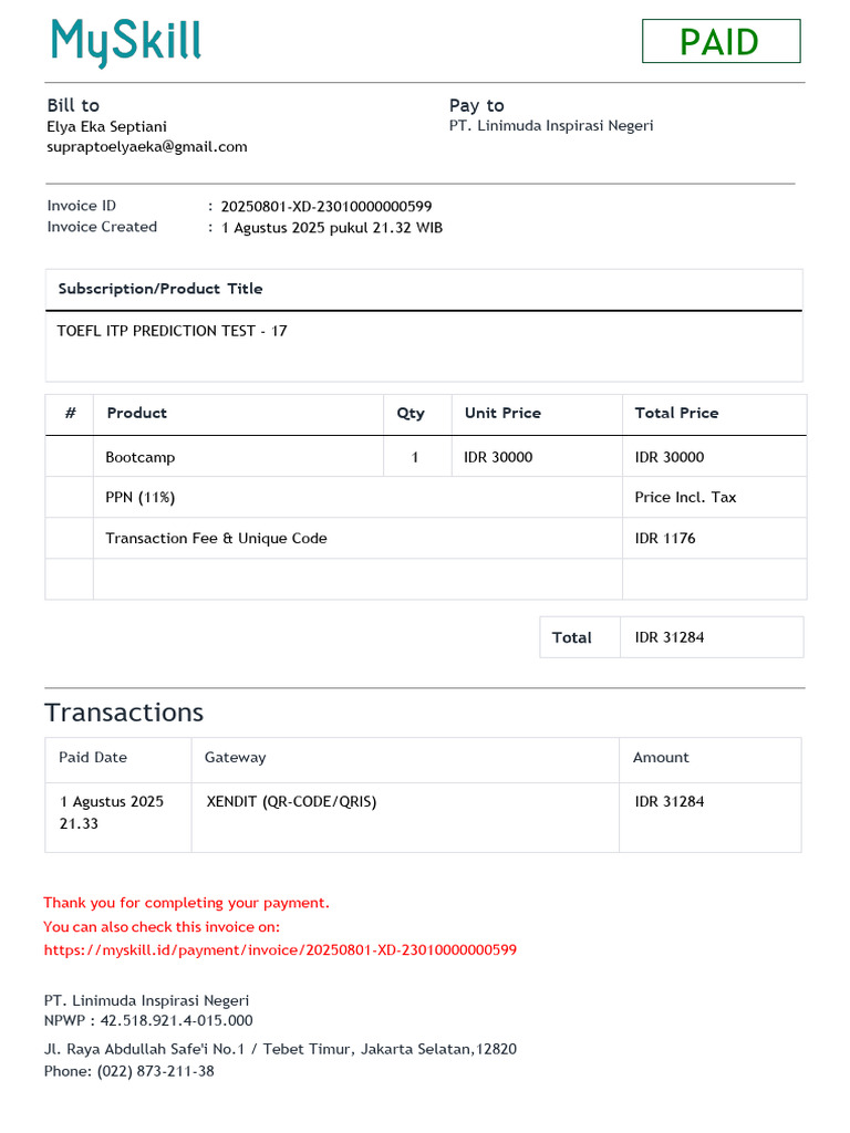 Myskill Invoice 20250801 XD 23010000000599 | PDF