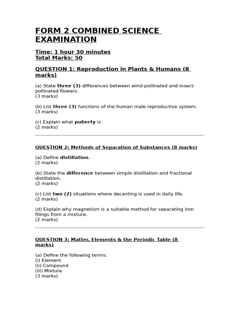 Form 2 2025 Combined Science Examination | PDF