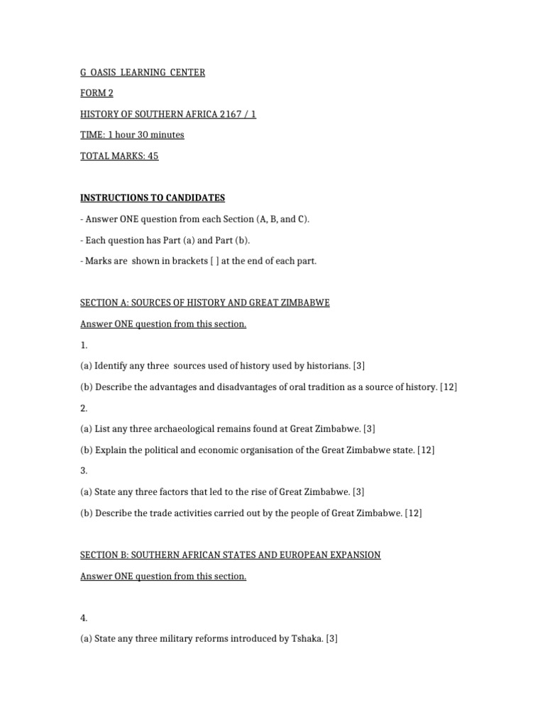 Southern Africa History Exam Guide | PDF