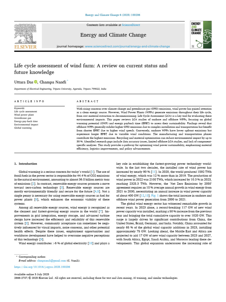 Wind Farm Life Cycle Assessment Review | PDF | Life Cycle Assessment ...