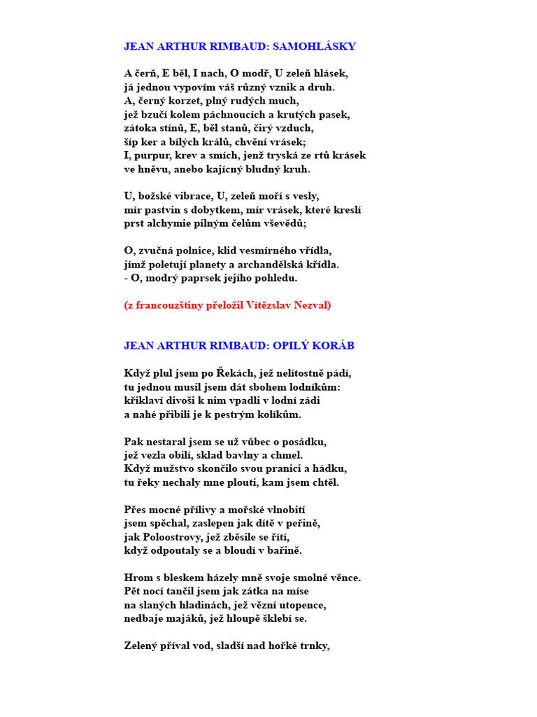 Jean Arthur Rimbaud- Samohlásky, Opilý koráb | PDF
