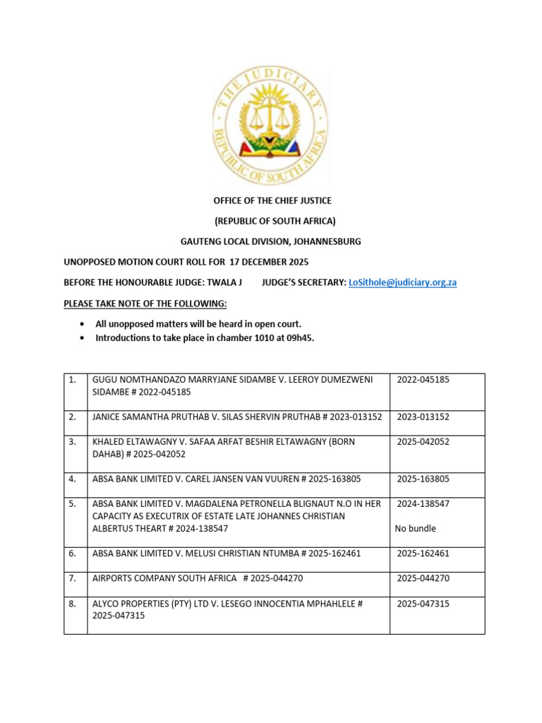 17 December 2025 Unopposed Motion Court Roll for Judge Twala j | PDF ...