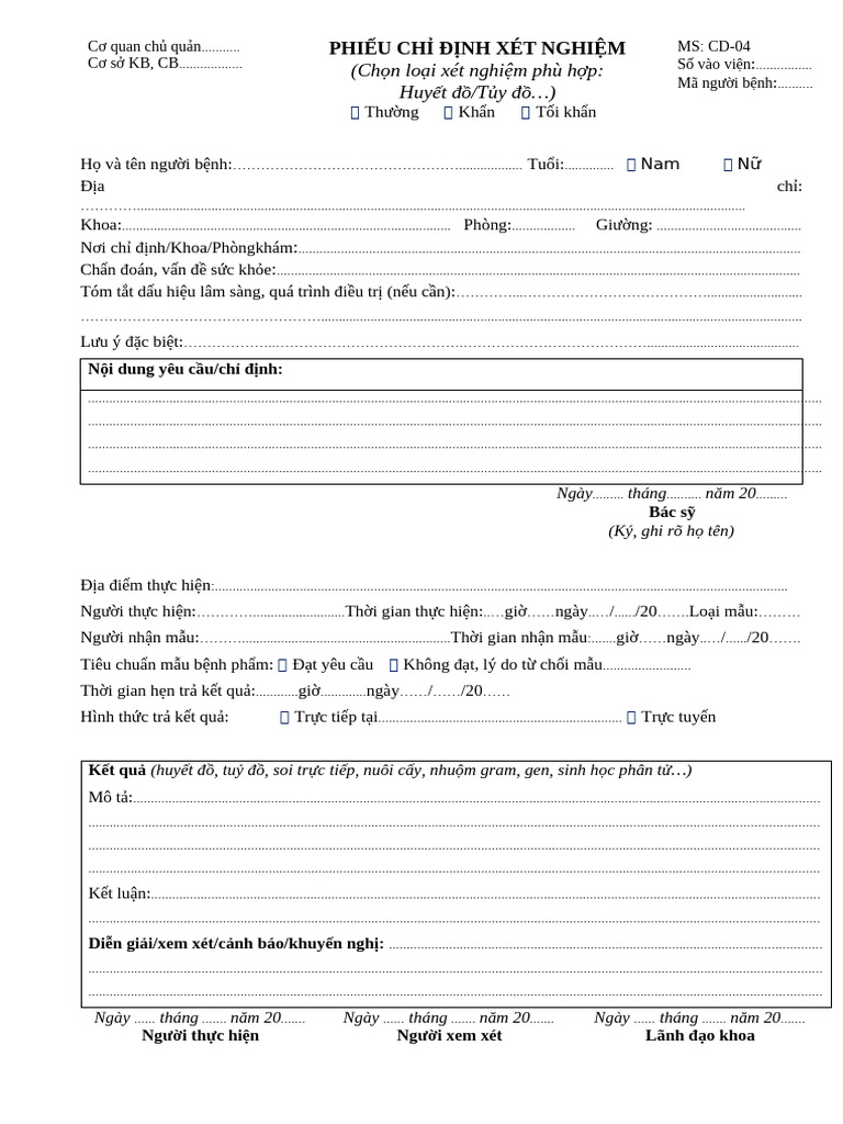 CD-04. Phieu Chi Dinh Xet Nghiem Huyet Tuy Do | PDF