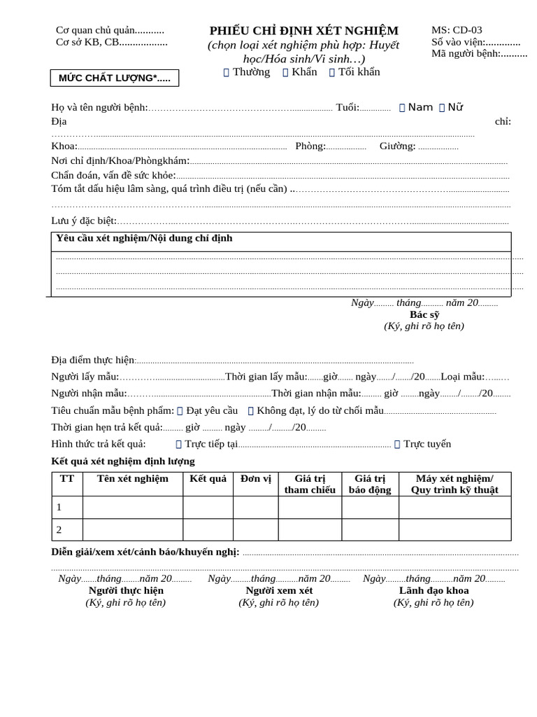 CD-03. Phieu Chi Dinh Xet Nghiem Huyet Hoc | PDF